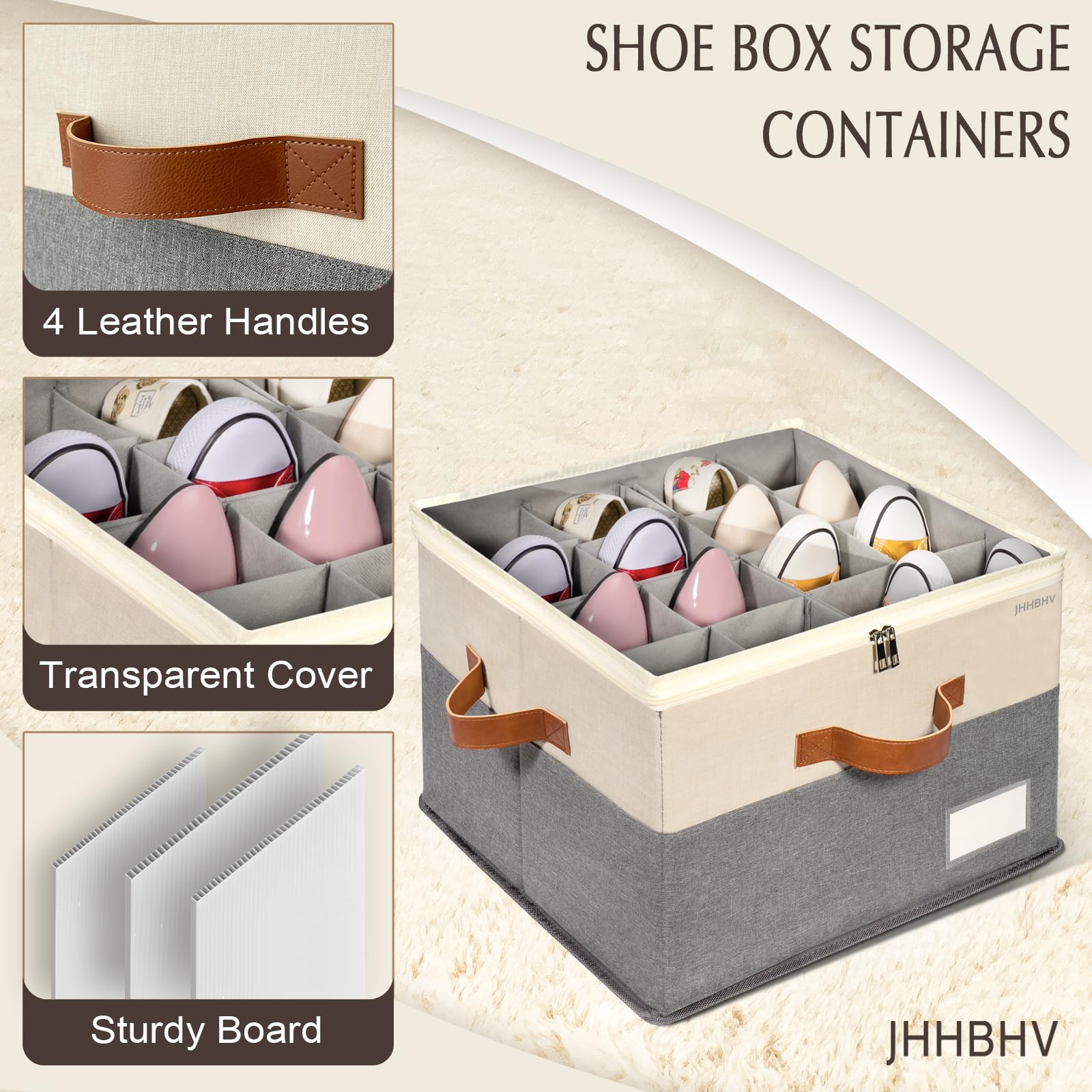 LZOTIC Shoe Organizer for Closet, Adjustable Shoe Box Storage Containers, Large Foldable Shoe Storage Bins with Clear Cover, Space Saving Shoes Holder with 4 Handles, Fits 8-16 Pairs, 1 Pack, Beige