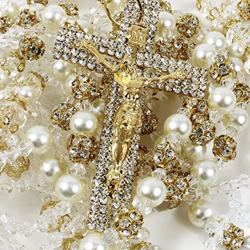 Cana Collection Wedding Lasso Rosary Lazo de Bodas Handcrafted Lasso, Great Wedding Gift Beautiful Christian Catholic Wedding Tradition for Brides and Grooms,Pearl Beads and Crystals Gold