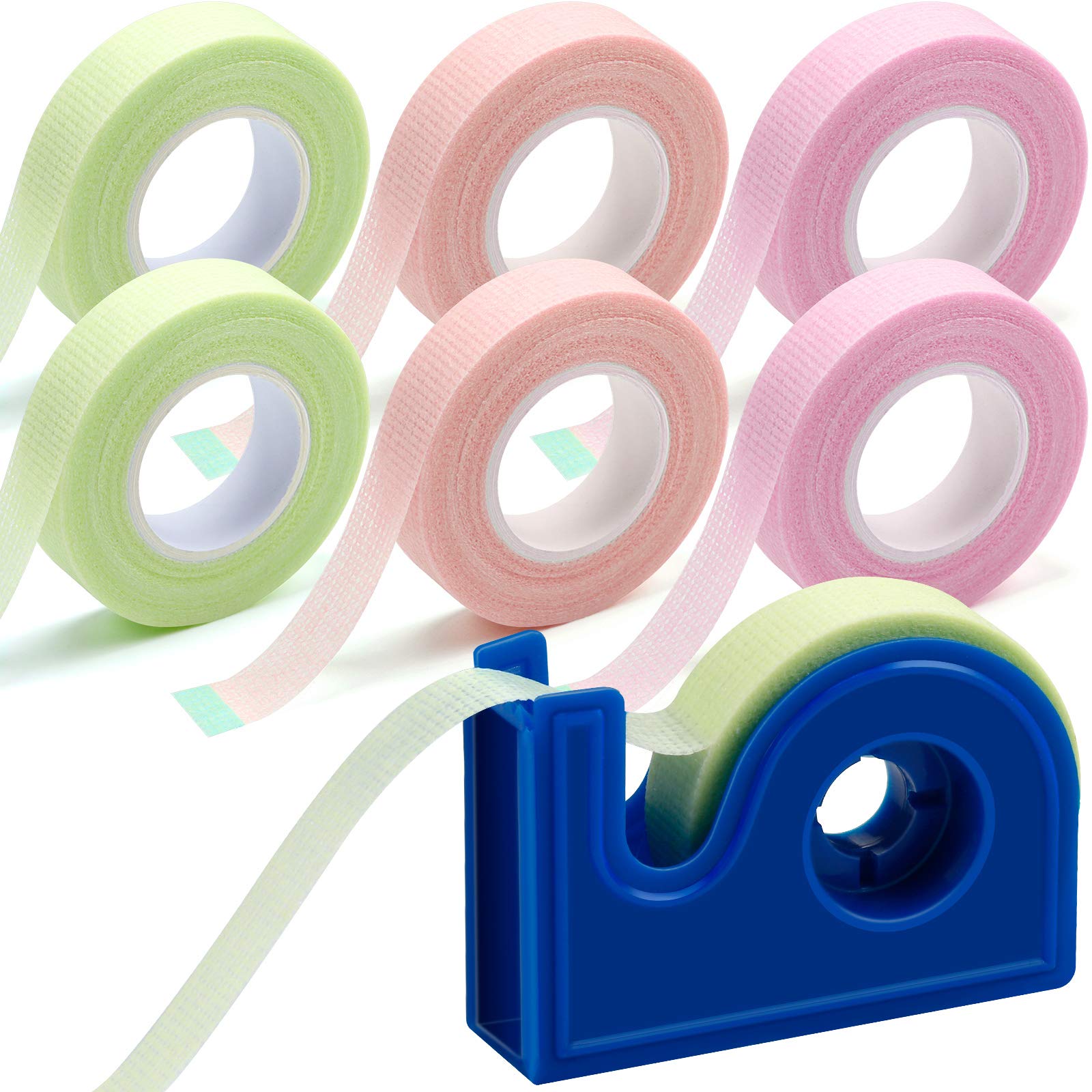 Maitys 6 Roll Lash Tape for Eyelash Extensions with Eyelash Tape Dispenser Cutter Breathable Adhesive Fabric Tape for Eyelash Extension Supplies 0.5 Inch Wide 10 Yard Long (Green, Pink, Purple)