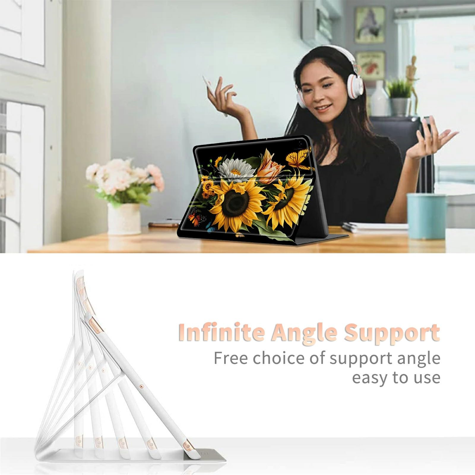 Sunflowers Butterfly Case Compatible with Amazon Fire HD 10 10.1-Inch Tablet (7th Generation and 9th Generation,2017 and 2019 Release), Smart Folding Stand Cover with Auto Wake/Sleep