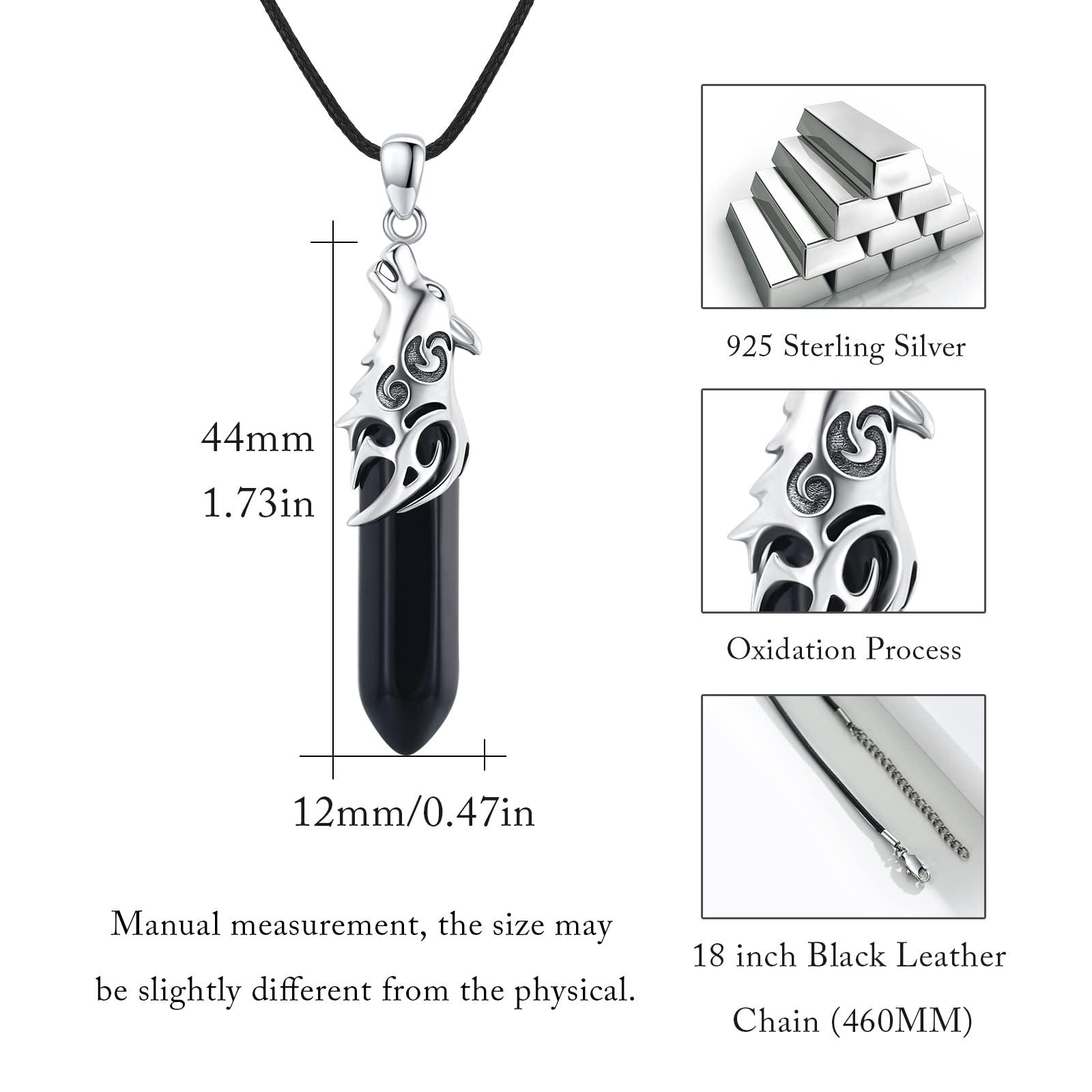 CUOKA MIRACLE Wolf Necklace Crystal Wolf Pendant 925 Sterling Silver Wolf Head Jewelry Wolf Gift for Women Men Wolf Necklace for Men (Black)