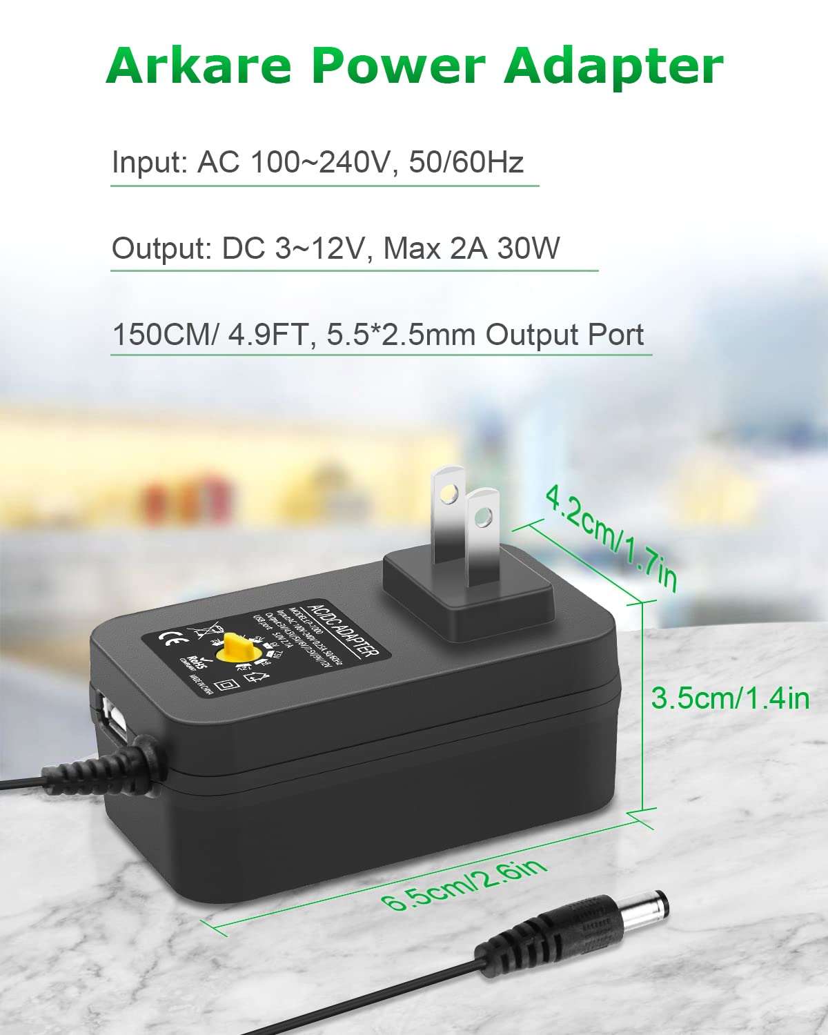 Arkare 30W Universal AC to DC Power Adapter Adjustable Power Supply 3V 4.5V 6V 9V 12V 2A 1A DC Adapter AC 100-240V to DC 3-12V Multi Voltage Switching Power Adapter with 15 Tips + Polarity Converter
