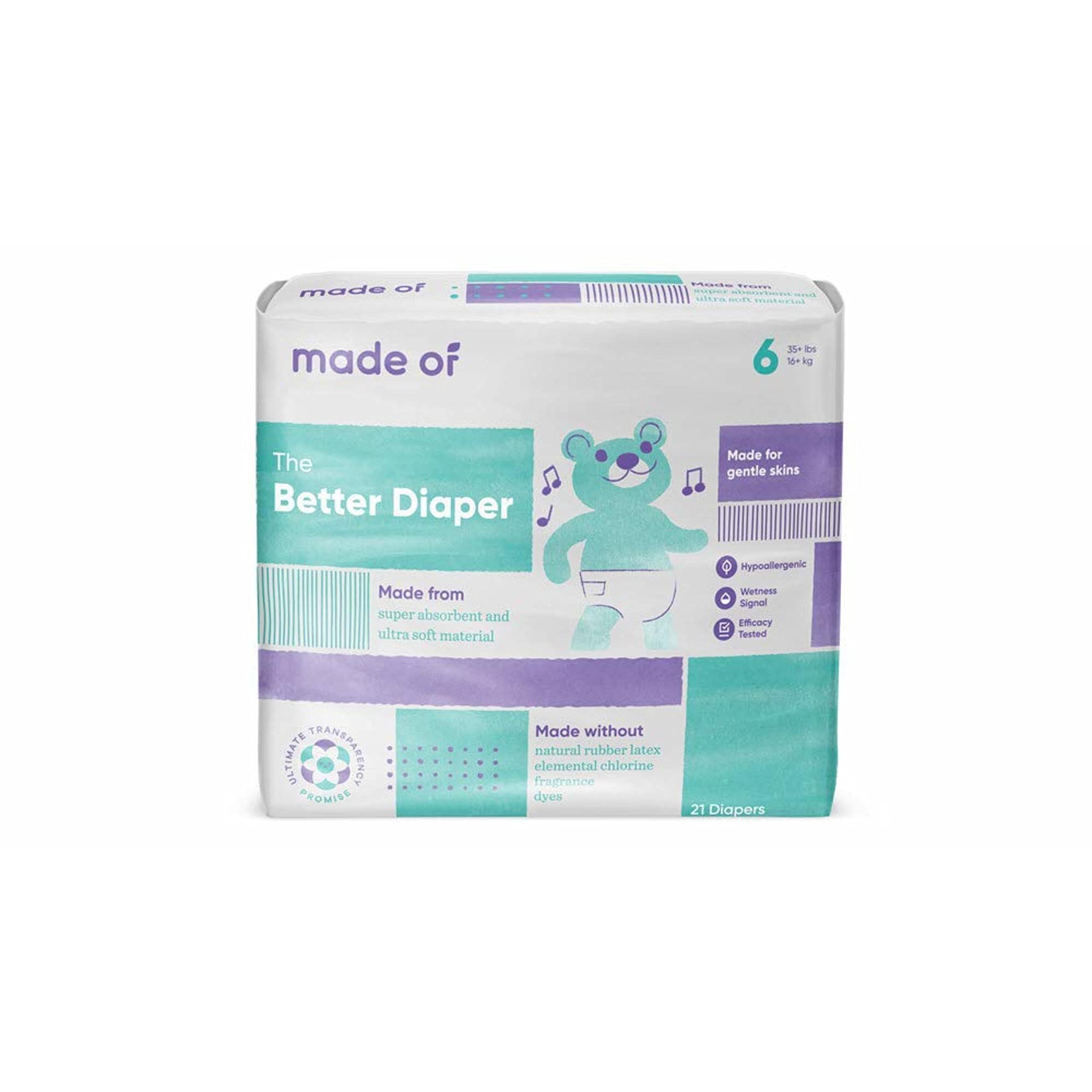 MADE OF The Better Baby Diapers - Hypoallergenic Diapers for Sensitive Skin, Unscented, 10 Hour Absorbency - Pediatrician and Dermatologist Tested - Size 6 (84 Count)