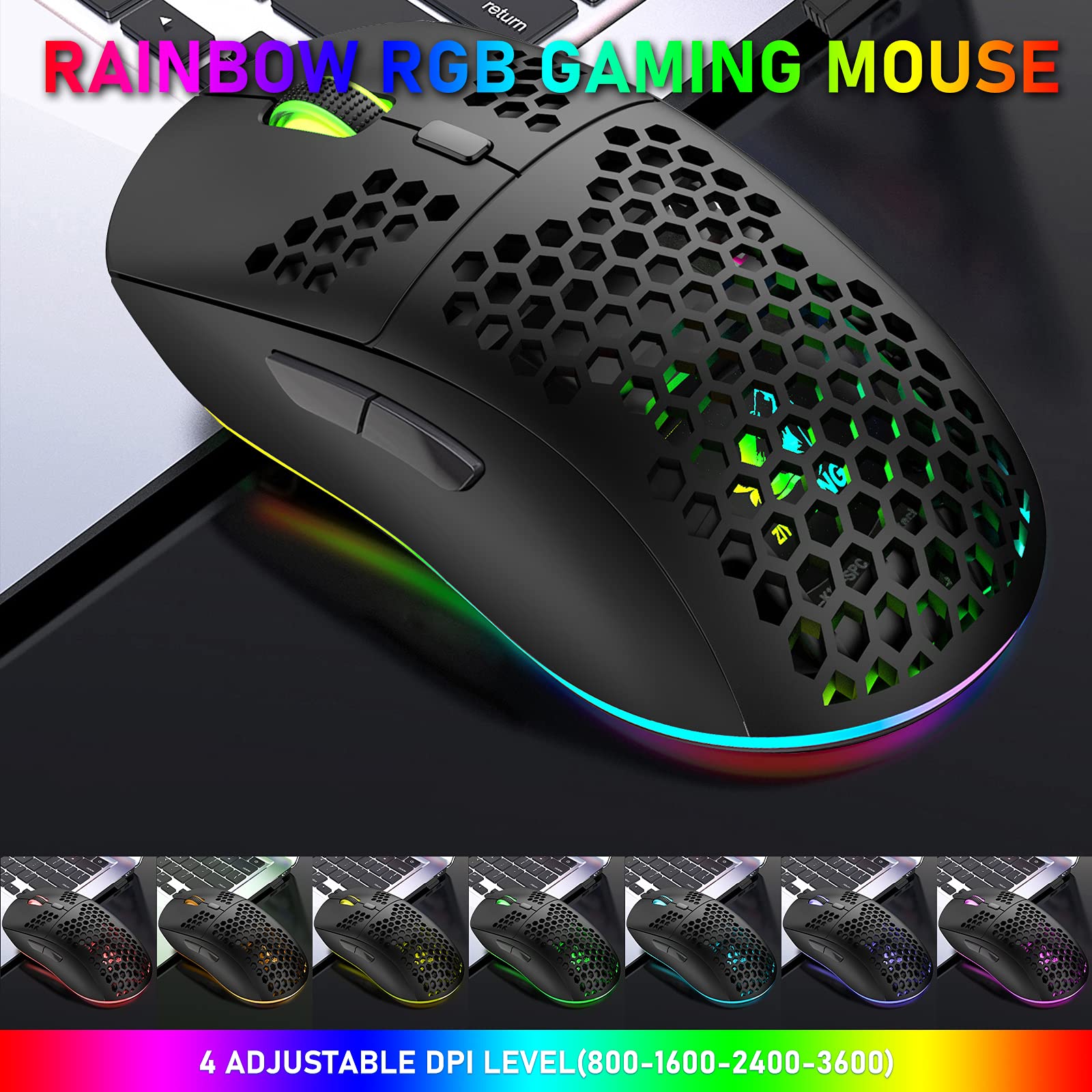 4 in 1 Wireless Gaming Keyboard Mouse and Converter with RGB Backlit Mini 61Key Ergonomic Honeycomb Shell 2.4Ghz USB Receiver Bluetooth Wired Adapter for PS4 PS3 Xbox Switch PC Mac Gamer Typist(Black)