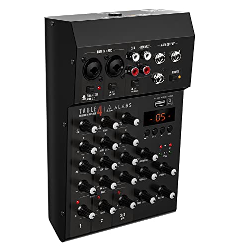 4 Channel Audio Mixer, ALABS DJ Mixer Sound Board for PC, Karoake Mixer Amplifier Mixer Audio, Podcast Mixer, XLR Interface Mixing Console with OP-AMP/Mic Preamps/Phantom/2-band EQ, TABLE4