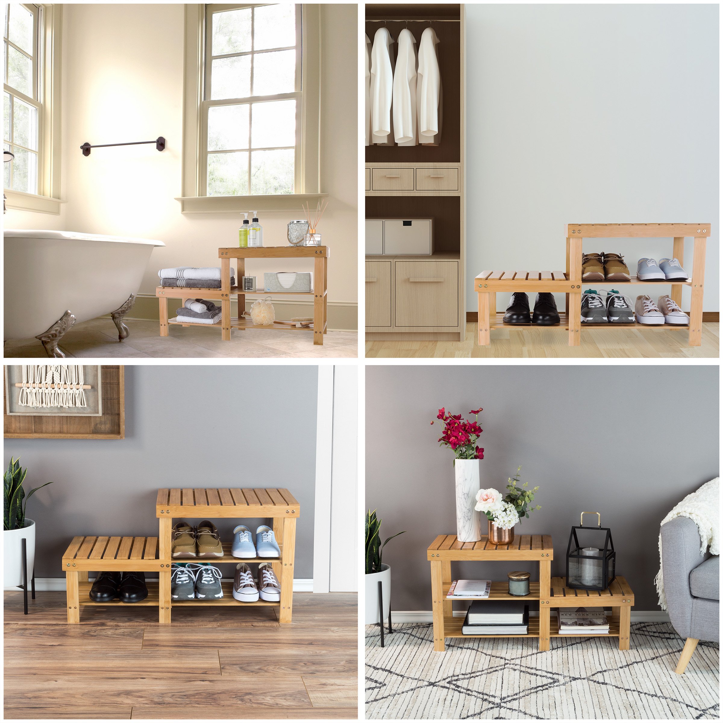 Lavish Home Bamboo Shoe Rack Bench with 2 Tiers of Shelves and 2 Seat Heights-Seat Storage and Organization-For Bedroom, Entryway, Hallway, Closets