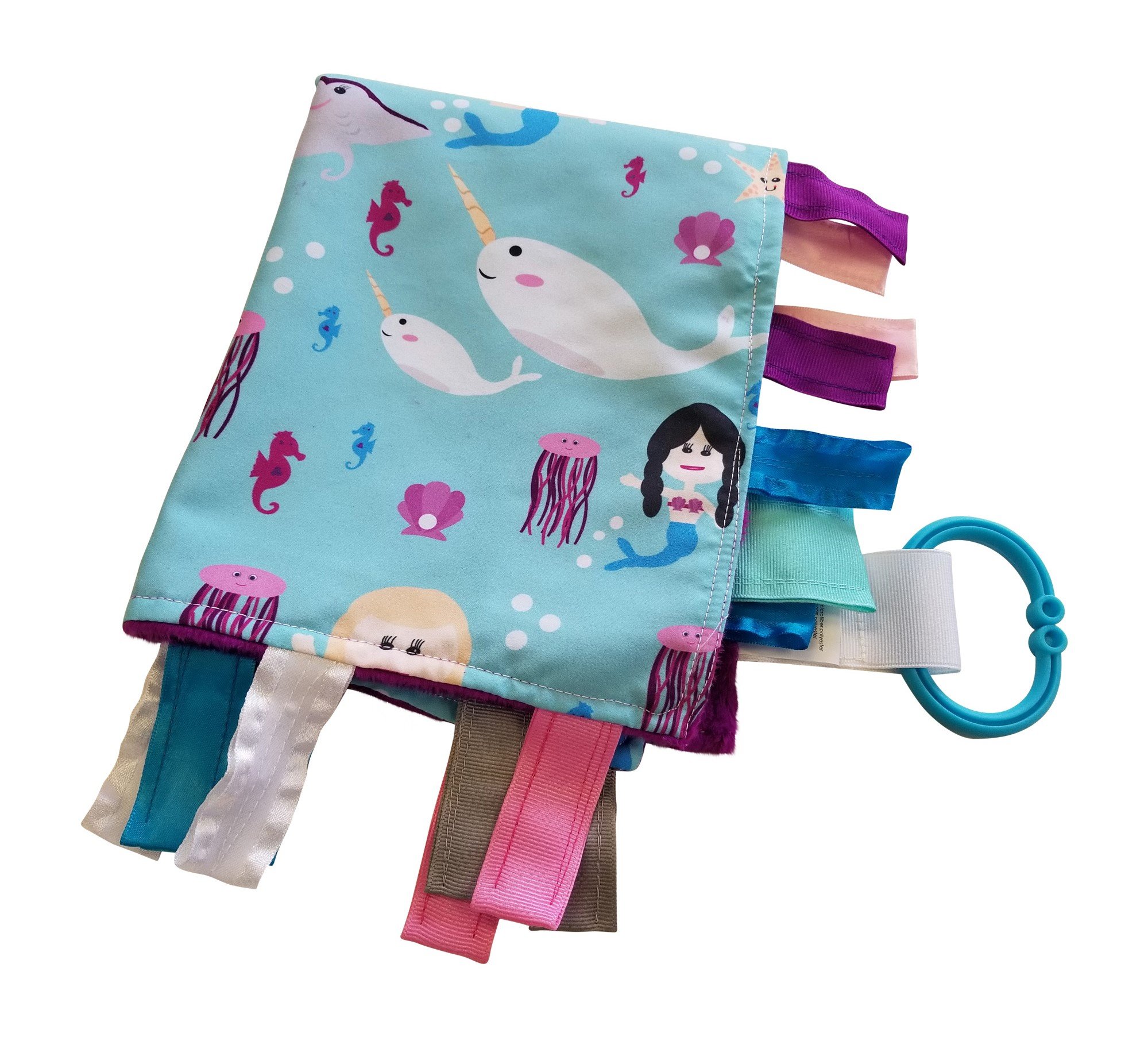 Baby Sensory, Security & Teething Closed Ribbon Tag Lovey Blanket with Minky Dot Fabric: 14”X18” (Mermaids and Narwhals)