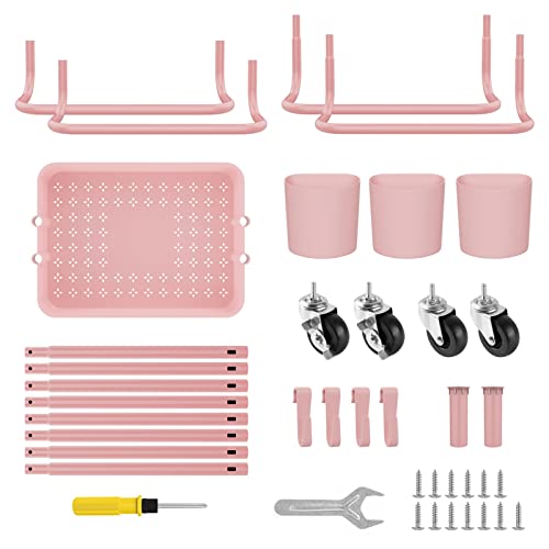 3-Tier Rolling Mobile Utility Cart with Hanging Cups & Hooks & Handle Multifunctional Organizer Storage Trolley Service Cart with Wheels Easy Assembly for Office, Bathroom, Kitchen(Pink)