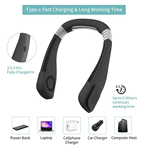 ailyfu Portable Neck Fan, Personal Fan Bladeless Fan, 3 Speeds Adjustment, Lower Noise, Rechargeable, USB Powered Neck Fan for Outdoor Indoor Use (Black)