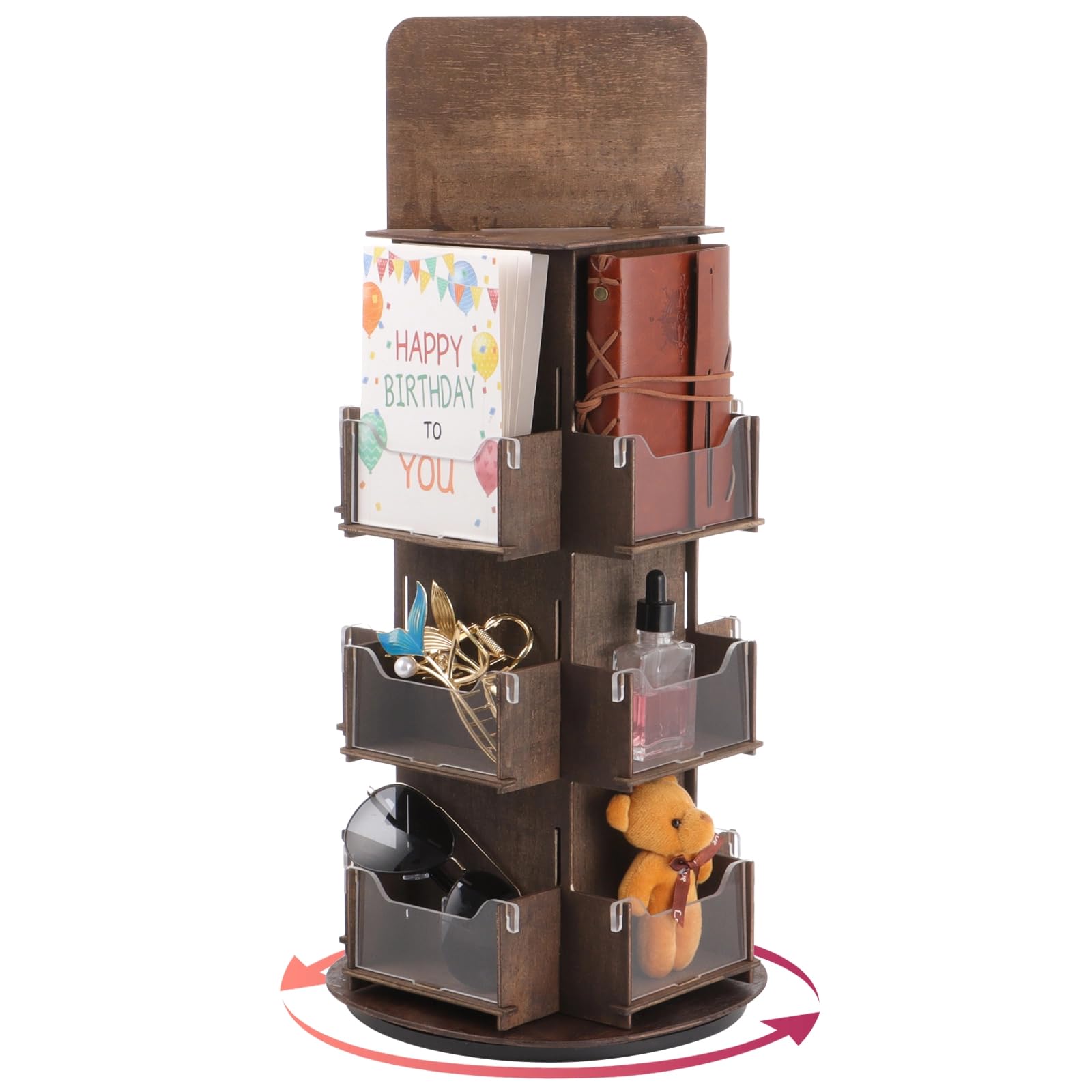 3-Tier Rotating Sticker Display Stand, 4-Sided Wood Greeting Card Display Rack, 360 Countertop Rotating Shelf for Cards, Stickers, Coasters, Multi-Pocket Tabletop Holder for Retail Tradeshow Showcase