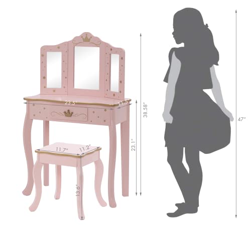 UTEX Pretend Play Kids Vanity Table and Chair Vanity Set with Mirror Makeup Dressing Table with Drawer,Play Vanity Set,Pink