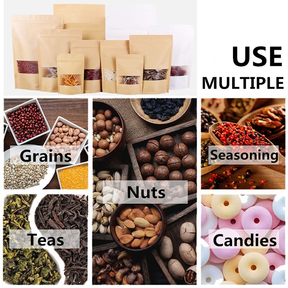 50 pcs Kraft Bags with Window Stand Up Ziplock Seal Paper Bag Resealable Large Food Storage Pouch 10x14in