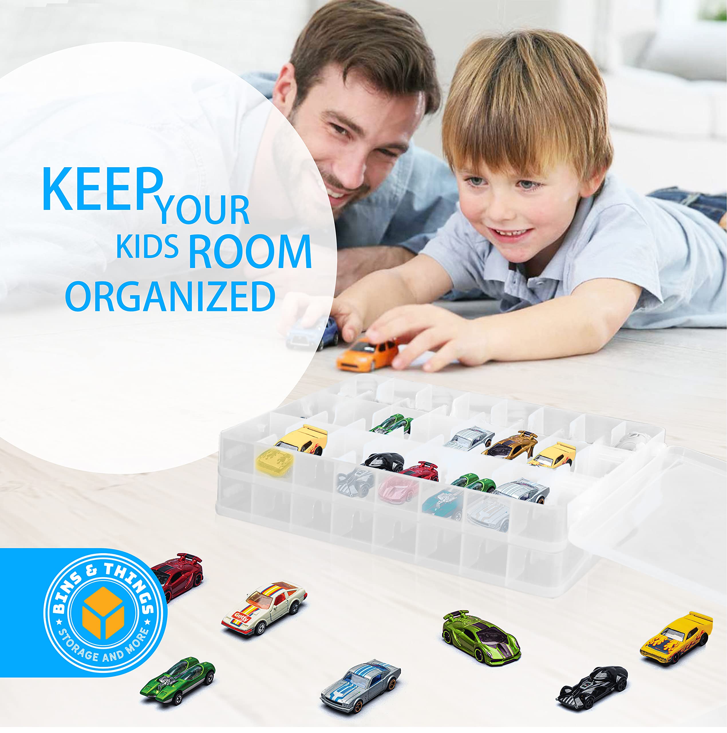 Bins & Things 48 Slot Toys Organizer - Compatible with Calico Critter, Hot Wheels, Tsum Tsum, MatchBox - Plastic Storage Display Case with Carrying Handle - Collection Box - 13.5x11.7x3.2 Inches
