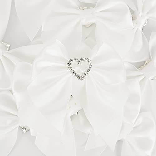 AIMUDI White Bows Satin Ribbon Rhinestone Bows 3" Premade Sparkle Bows with Gems Pre-Tied Craft Bows with Rhinestone Gift Bows for Wedding Sewing Crafts Gift Wrapping Baby Shower - 12 Counts