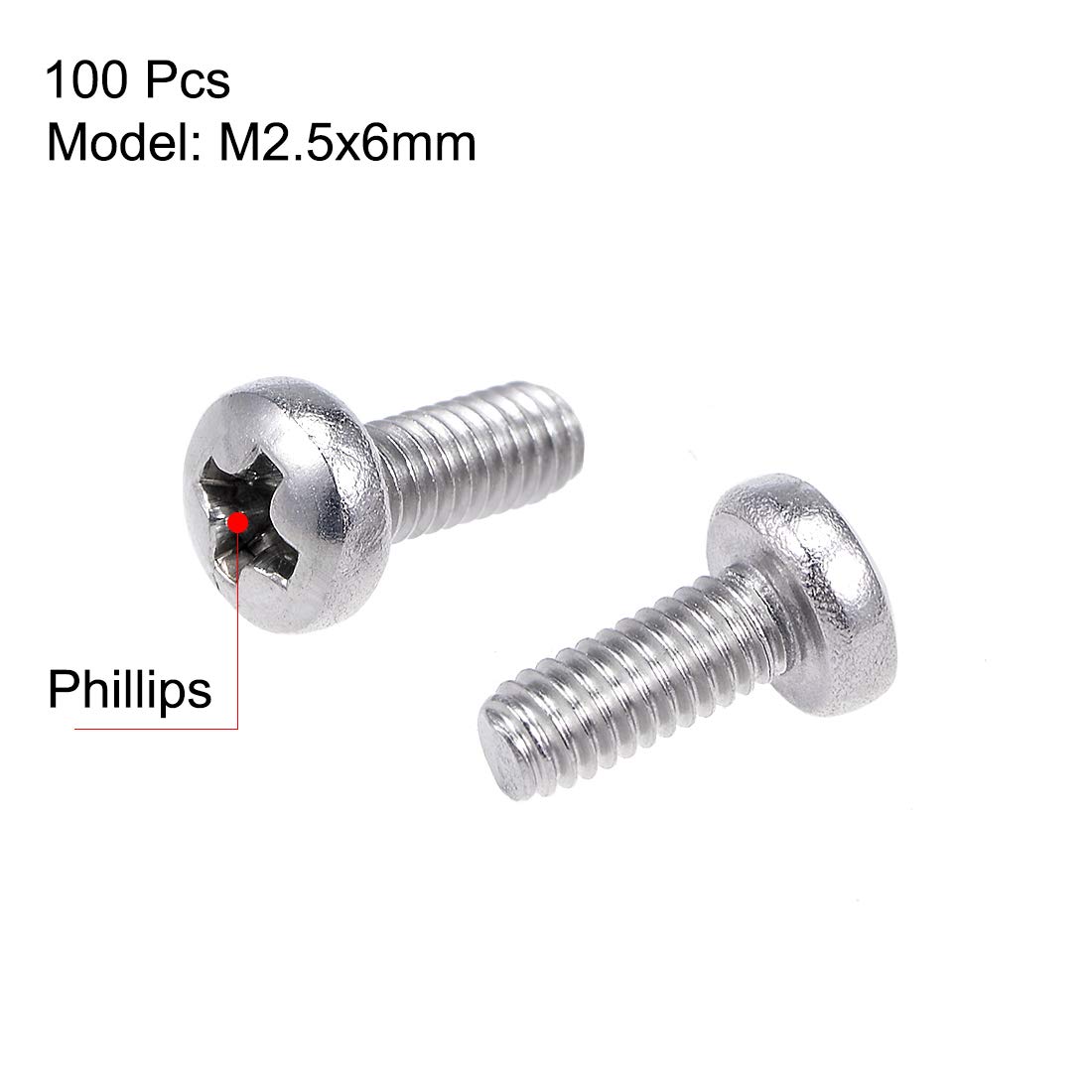 uxcell M2.5x6mm Machine Screws Pan Phillips Cross Head Screw 304 Stainless Steel Fasteners Bolts 100Pcs
