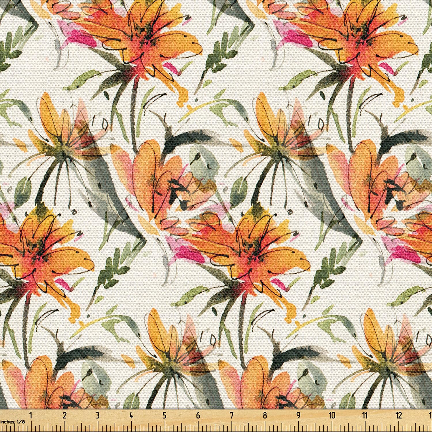 Ambesonne Floral Fabric by The Yard, Spring Botanical Garden Fashion Nature Art Watercolor Flowers Pattern, Decorative Fabric for Upholstery and Home Accents, 1 Yard, Earth Yellow Sage Green