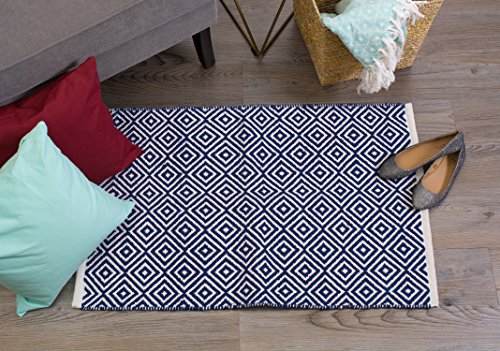 DII Woven Cotton Throw Rug, Area Rugs for Kitchen, Bedroom, Bathroom or Entry Way, Small Rug, 2x3, Diamond Nautical Blue