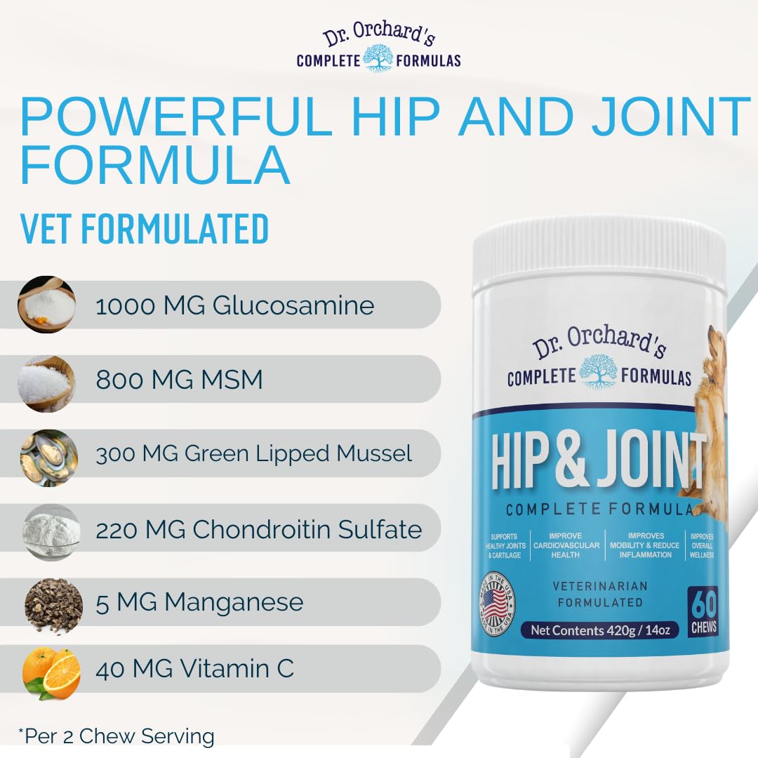 Dr. Orchard's Advanced Hip & Joint Chews - Duck Flavor- (60ct) Pain & Inflamation Relief with Glucosamine, Manganese, Chondroitin, MSM - Dog Chewable Supplement (60 Count)