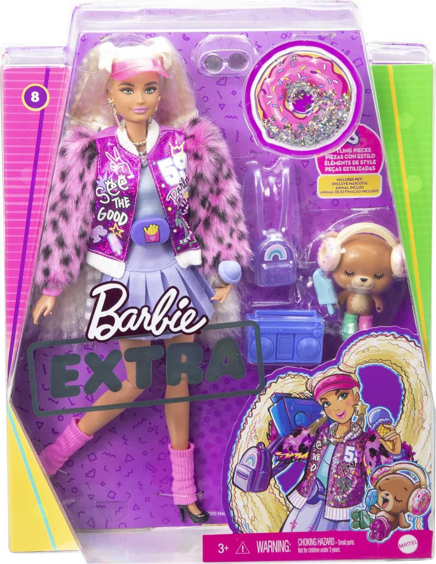 Barbie Extra Doll & Accessories with Extra-Long Crimped Pigtails in Pink Sparkly Varsity Jacket with Pet Teddy Bear