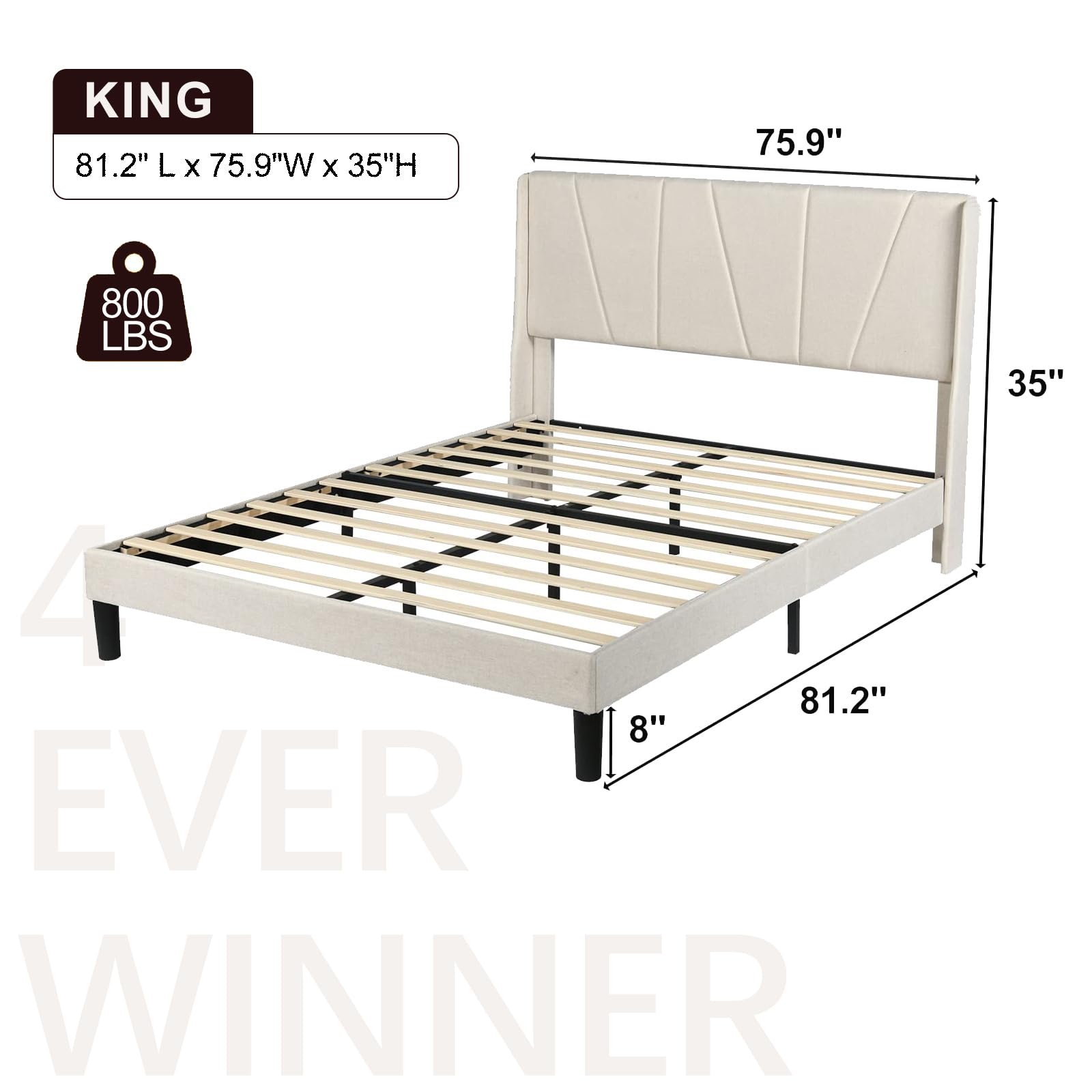 4 EVER WINNER King Size Bed Frame, Wingback Upholstered Platform Bed Frame King with Geometric Headboard & Footboard, Wood Slat Support, No Box Spring Needed, Easy Assembly, Beige