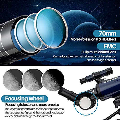 MAXLAPTER Telescope for Adults Astronomy Beginners, 70mm Aperture Refractor Telescope for Astronomy, Portable Telescope with Tripod, Smartphone Adapter, Two Eyepieces, Backpack