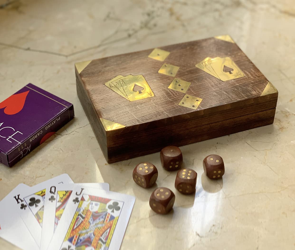 Birthday Gift Ideas Handcrafted Classic Wooden Playing Card Holder Deck Box Storage Case Organizer With Dice & Two Packs of Premium Quality 'Ace' Playing Cards For Men Women