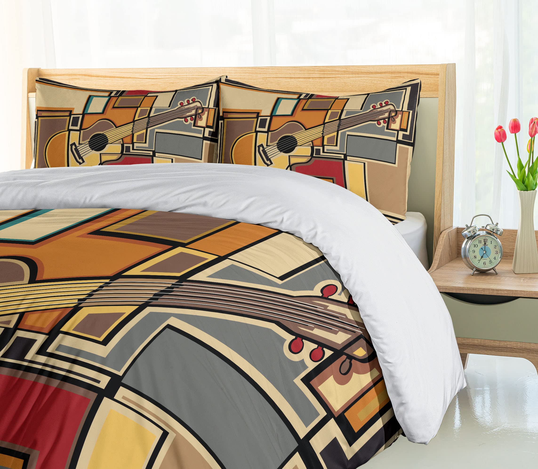 Ambesonne Music Duvet Cover Set, Funky Fractal Geometric Square Shaped Background Acoustic Guitar Art, Decorative 3 Piece Bedding Set with 2 Pillow Shams, King Size, Pale Yellow