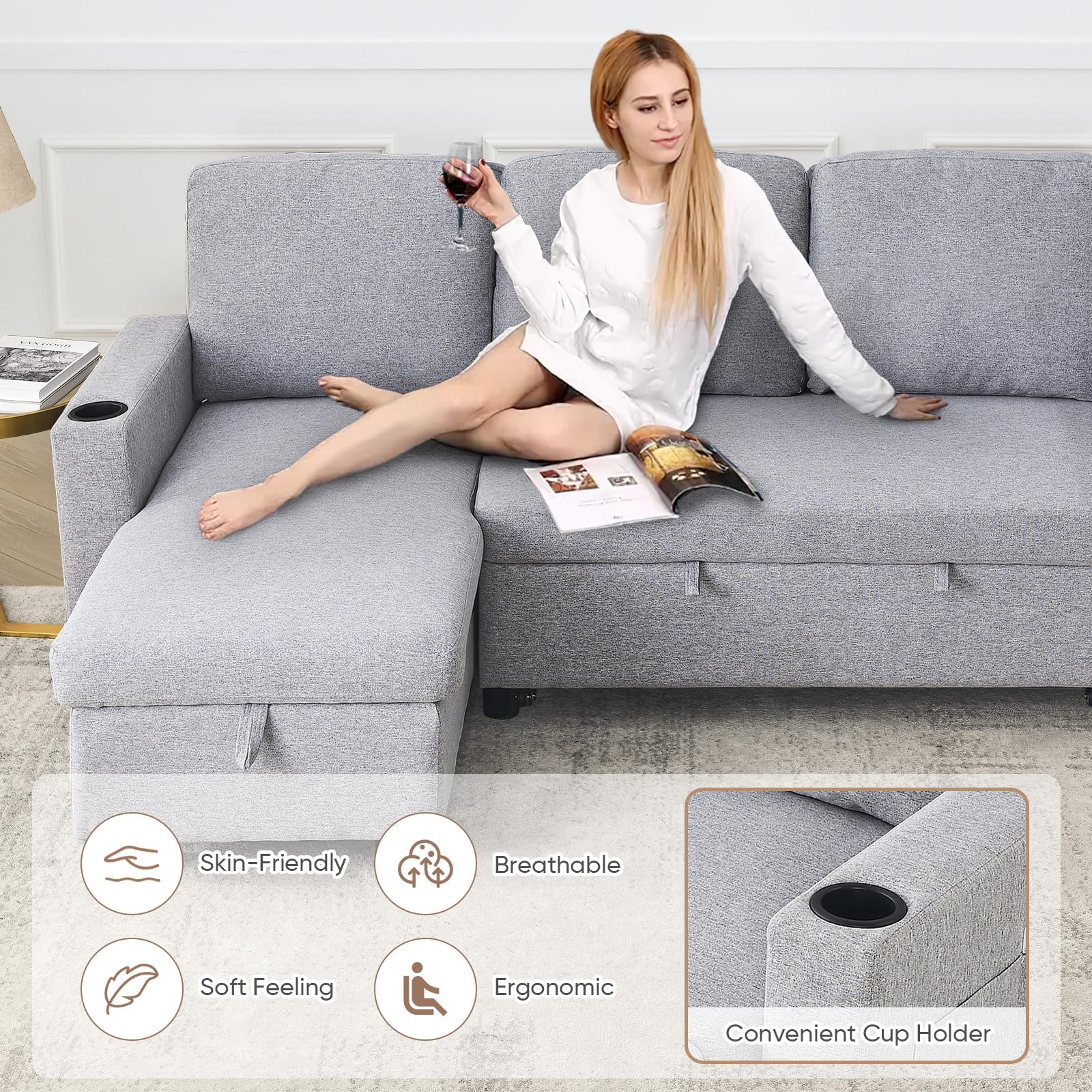 Antetek Reversible Sectional Sofa Couch with Pull-Out Bed, Modern Linen L-Shaped Sleeper Sofa Bed with Storage Chaise/Cup Holder/Side Pocket, Furniture Set for Living Room, Small Space, Light Grey