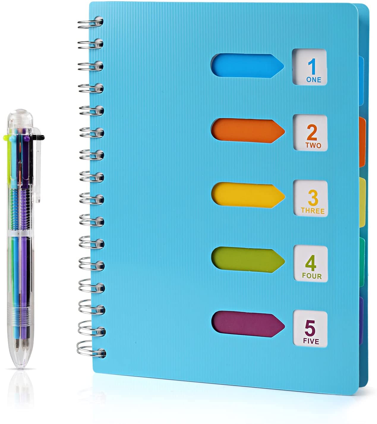Kesoto A5 Lined Notebook with Multicolored Pen Wire Spiral Subject Notebook Journal with 5 Divider Tabs & 6 Color Retractable Ballpoint Pen, 240 Pages, Blue