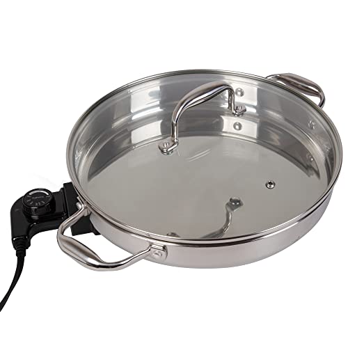 Electric Skillet By Cucina Pro - 18/10 Stainless Steel Frying Pan with Tempered Glass Lid and Handles, 12" Round, Adjustable Temperature Control Knob, Portable and Includes Recipe Guide, Great Gift