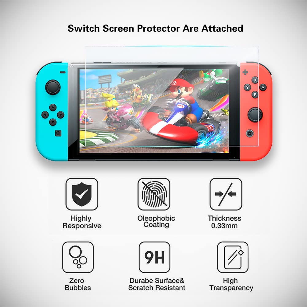 4 in 1 Carrying Case and Accessories Compatible with Nintendo Switch Console - GH Switch Hard Carry Case Black x1, Screen Protector Tempered Glass x1, JoyCon Controller Cover x2, Joystick Covers x2