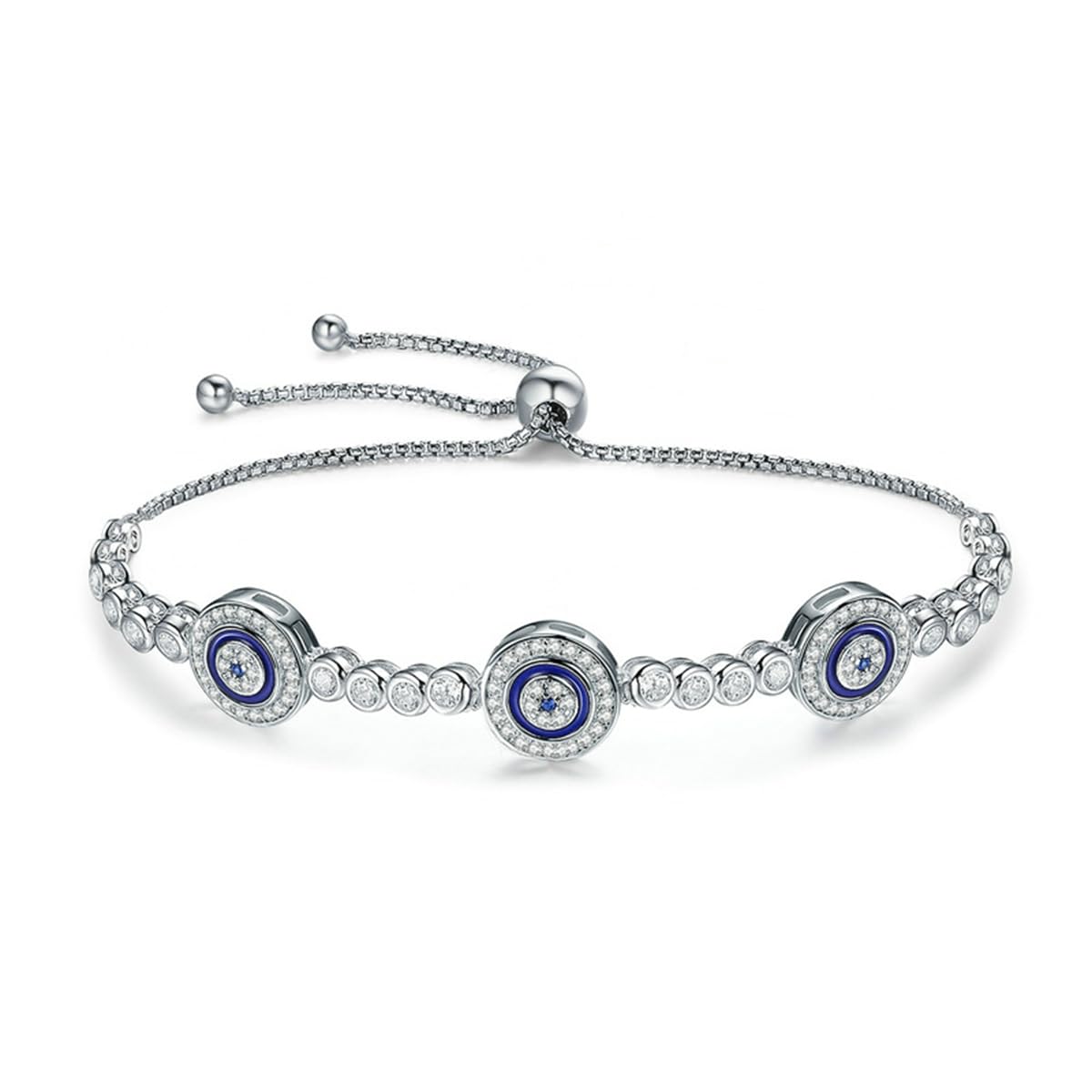 BISAER Blue Evil Eyes Tennis Bracelet 925 Sterling Silver Luck Bracelet with Cubic Zirconia Chain Adjustable for Women