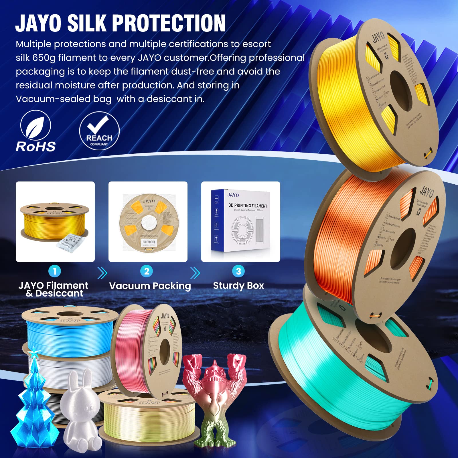 Silk Shiny PLA 3D Printer Filament 1.75mm, JAYO Silk PLA 0.65kg Spool 3D Printing Material, Silky Shine Surface, Neatly Wound Filament, Fits for Most FDM 3D Printers, Light Gold 650g