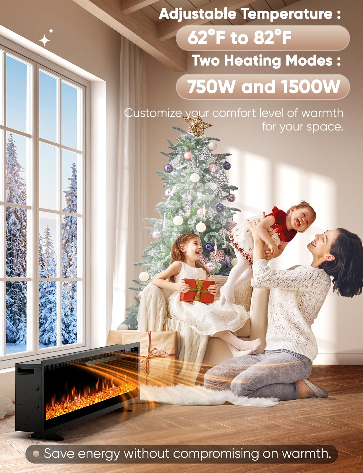 50" Electric Fireplace Inserts and Wall Mounts with Remote Controls 12 Realistic 3D Flame Colors, 750/1500 W Heater, Adjustable Temperature 62F to 82F, Low Noise, 8 Hour Timer, Log and Crystals