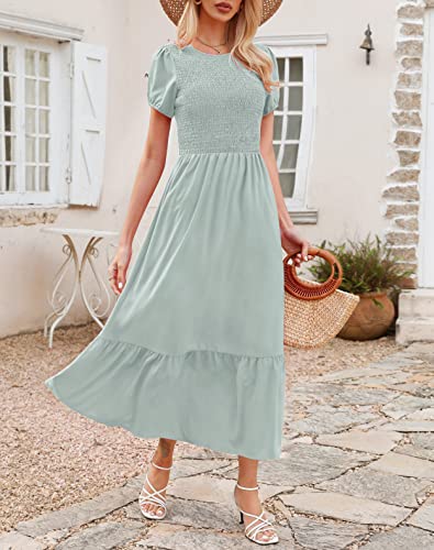 Annebouti 2023 Women's Summer Puff Short Sleeve Dress Modest Flowy A Line Ruffle Tiered Long Casual Smocked Maxi Dress with Pockets Solid Light Green S