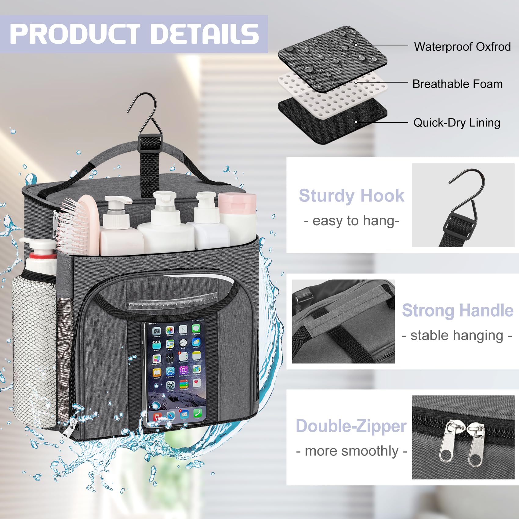 Attmu Large Capacity Portable Shower Caddy Dorm for College Essentials, Separate Compartment Hanging Toiletry Bag for College Student Camping Gym Travel Essentials (Gray)