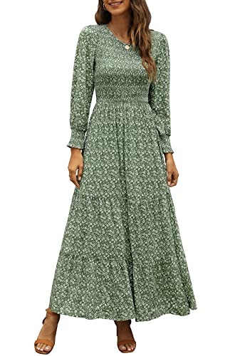 Annebouti Women's 2023 Fall Casual Long Sleeve Maxi Dress Boho Tiered Smocked Office A-Line Modest Floral Long Dresses for Women Olive M