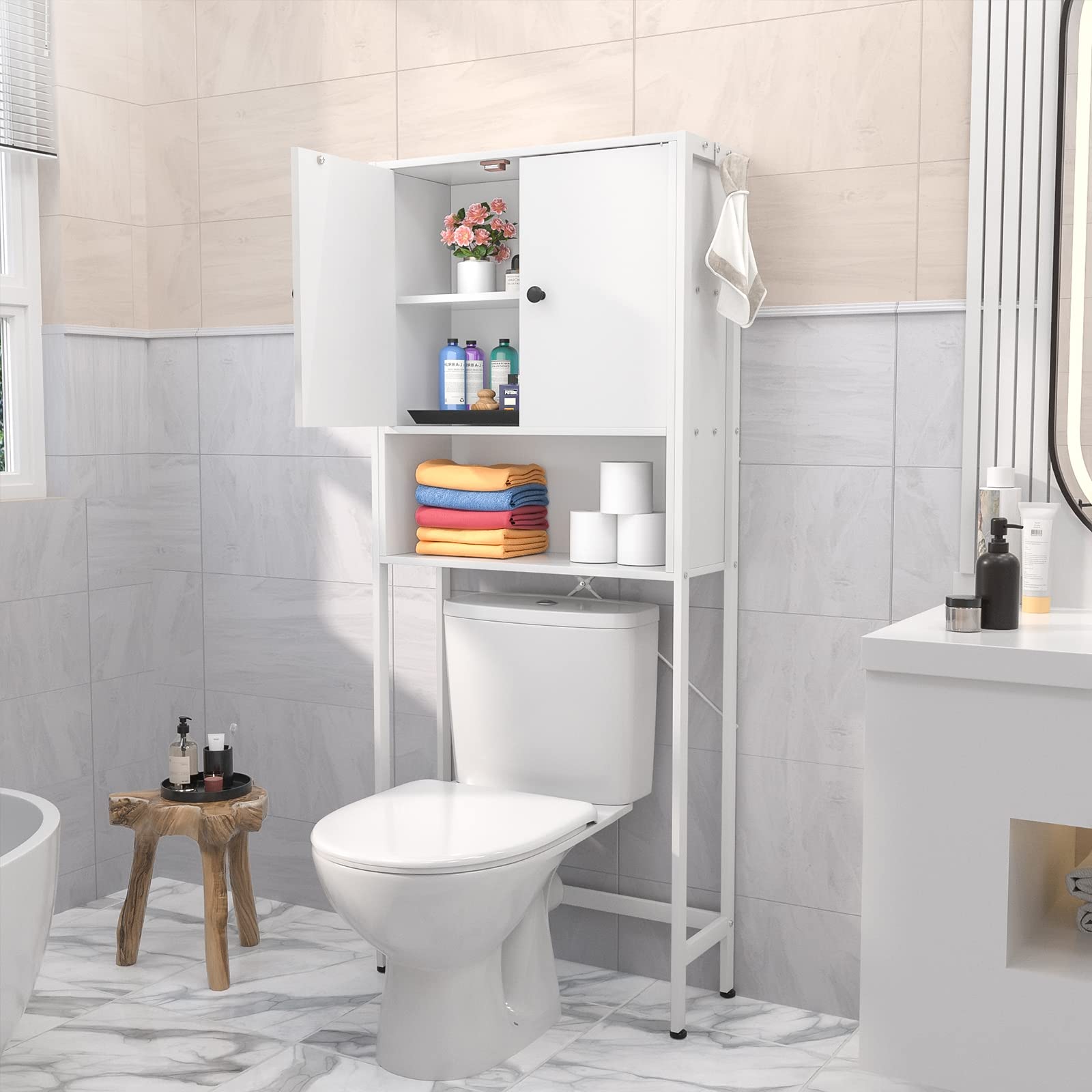 Ecoprsio Over-The-Toilet Storage Cabinet Rack, Bathroom Organizer Shelf Over Toilet, Freestanding Space Saver Toilet Stands with 2 Hooks, White