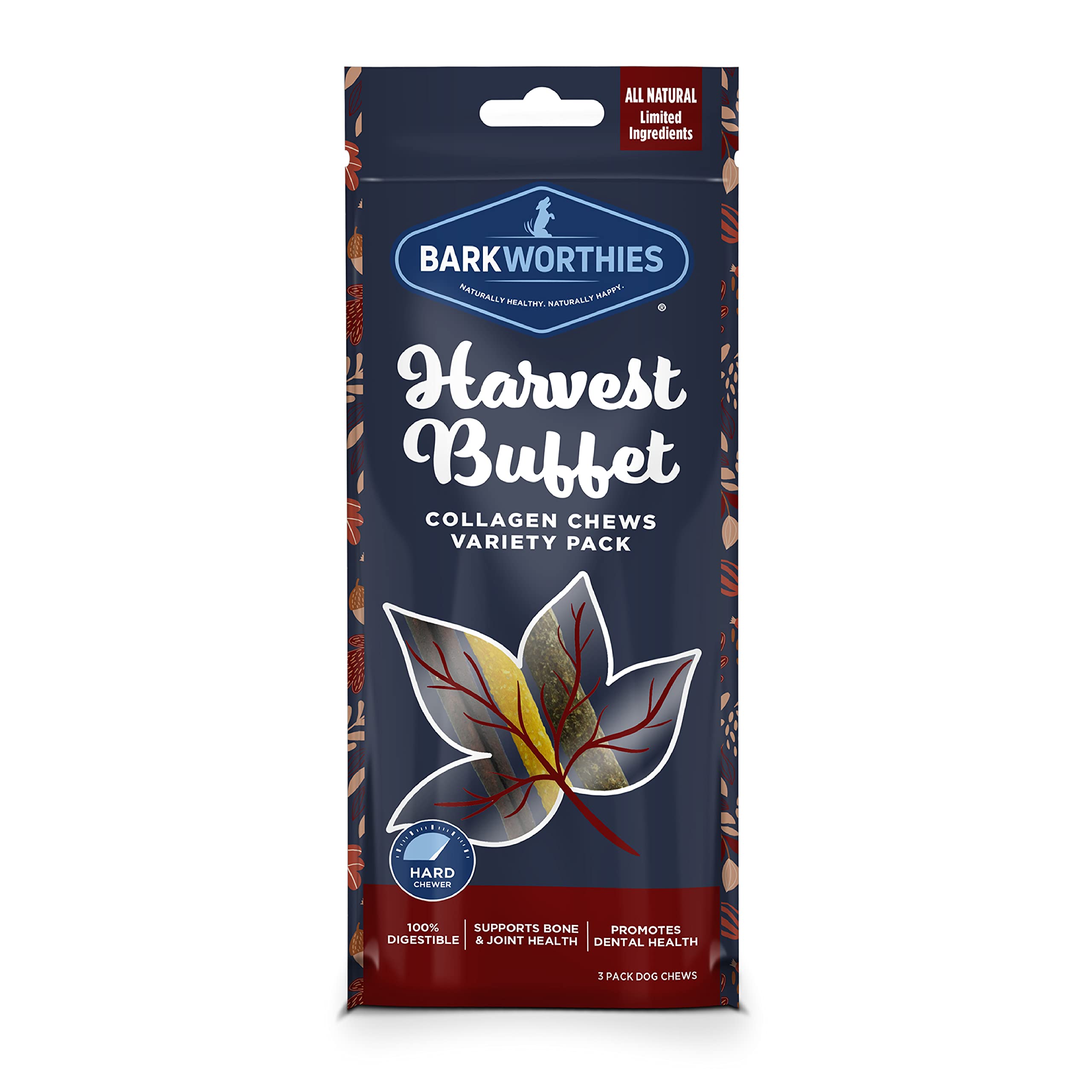 Barkworthies Harvest Buffet Collagen Sticks (6-Inch, 3-Count) - Great Tasting, Easily Digestible, Variety Pack, Dog Chew