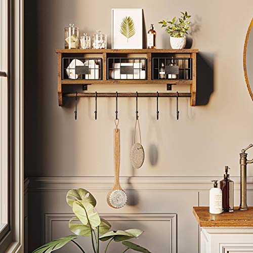Rolanstar Wall Mounted Shelf with Hooks, Entryway Organizer Shelf with Storage Basket, Wall Mount Coat Rack with 6 Hooks, 24β Coffee Bar Hanging Shelf for Living Room,Bathroom,Kitchen,Rustic Brown