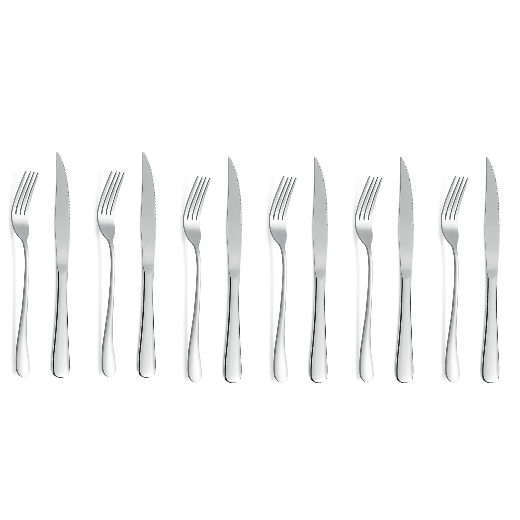 Rygten QU 12-piece Bright Silver Steak Knives Set, Fork And Knives Set For 6, Stainless Steel Knife Set Of 12, Dishwasher Safe