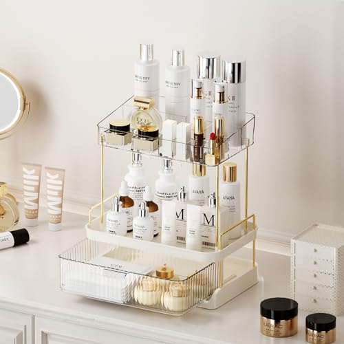 STORICANS 2-Tier 1-Drawer Bathroom Counter Organizer, Multi-Purpose Makeup Organizer Countertop, Large Skincare Organizers, Exquisite Vanity Organizer |12.5 Inch Clear