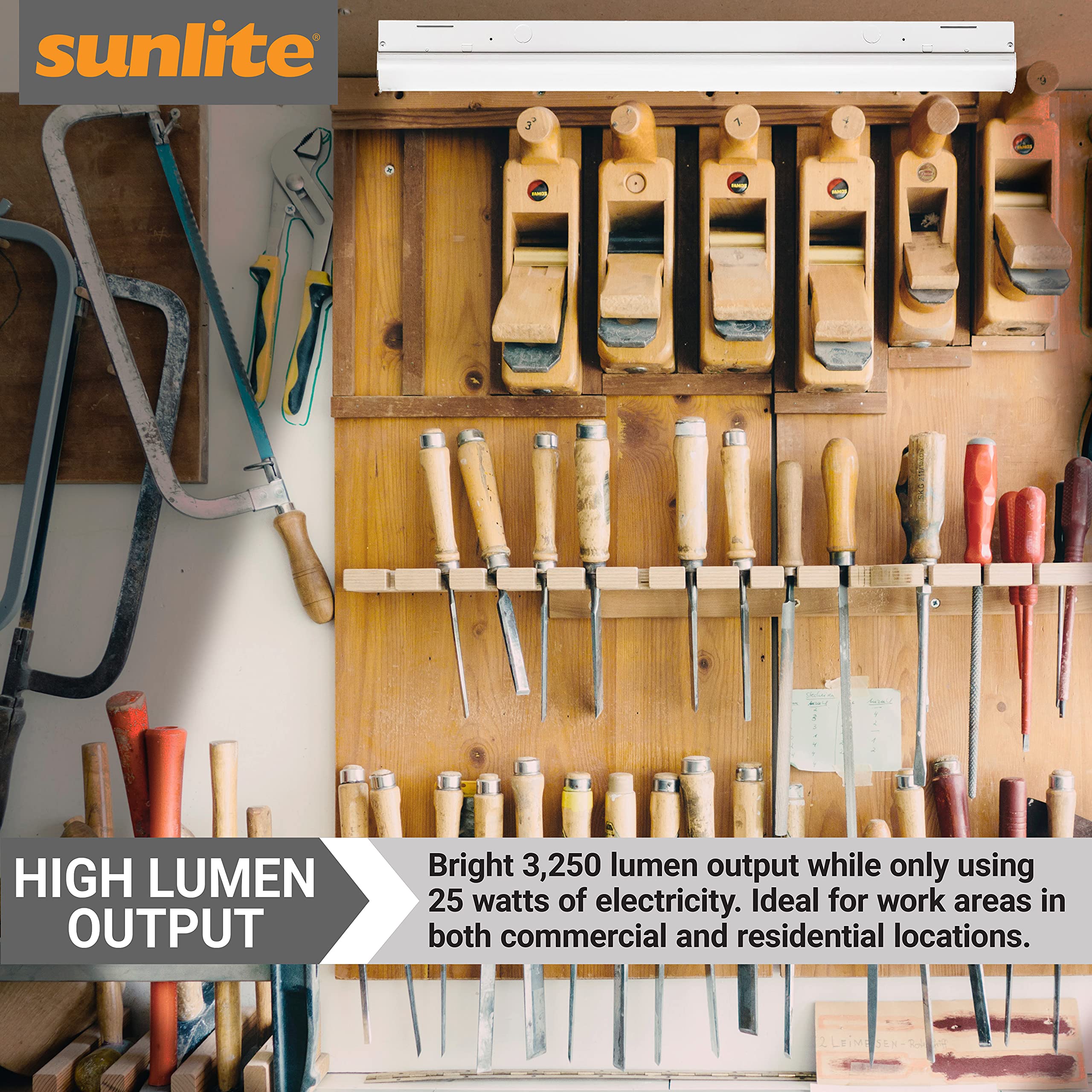 Sunlite 85474 3-Foot LED Linear Strip Light Fixture, 20 Watts, 120-277 Volts, Dimmable, 50,000 Hour Life Span, 3500K Neutral White, 82 CRI, Surface Mount, Steel Body, UL & DLC Listed