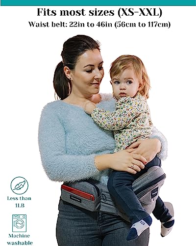 FLEEROSE - CPC-Certified Hip Seat Baby Carrier - New Ergonomic Bench Design, Multiple Pockets & Lumbar Support & Breathable Materials for Newborns & Toddlers, All Seasons & 4 Positions (Carrier, Grey)