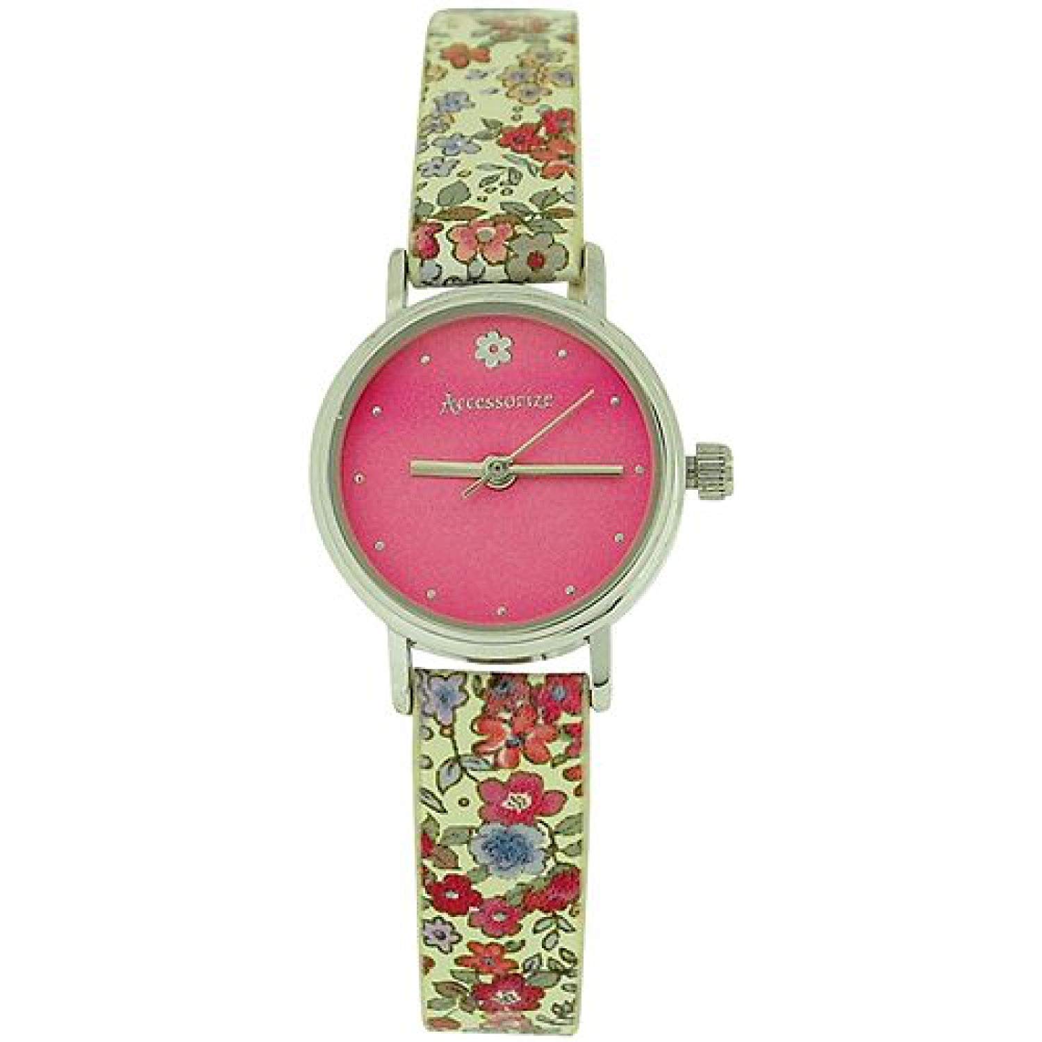 Accessorize Ladies Pink Dial Buckle Closure Flower Design PU Strap Watch AZ2020
