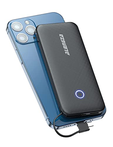 Portable Phone Charger Power Bank 10000mAh, Alongza Portable Charger Built in Cable USB Battery Pack, Slim External Backup Battery Charger with Cable, Travel Charger Compatible with iPhone and Android