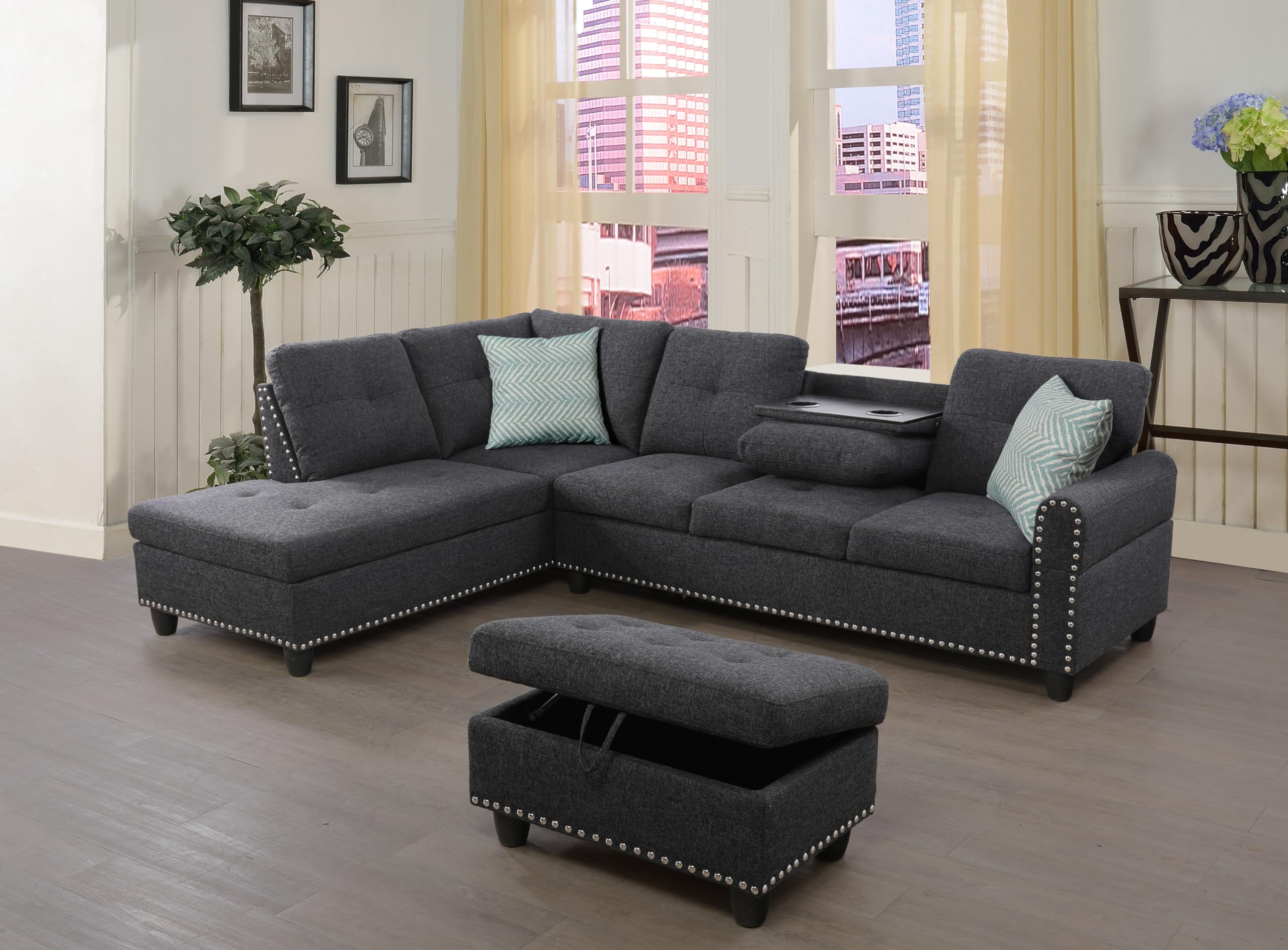 98" L Shape Sectional Sofa,4 Seat Sofa Couch Wide Left Hand Facing Sofa & Chaise with Ottoman