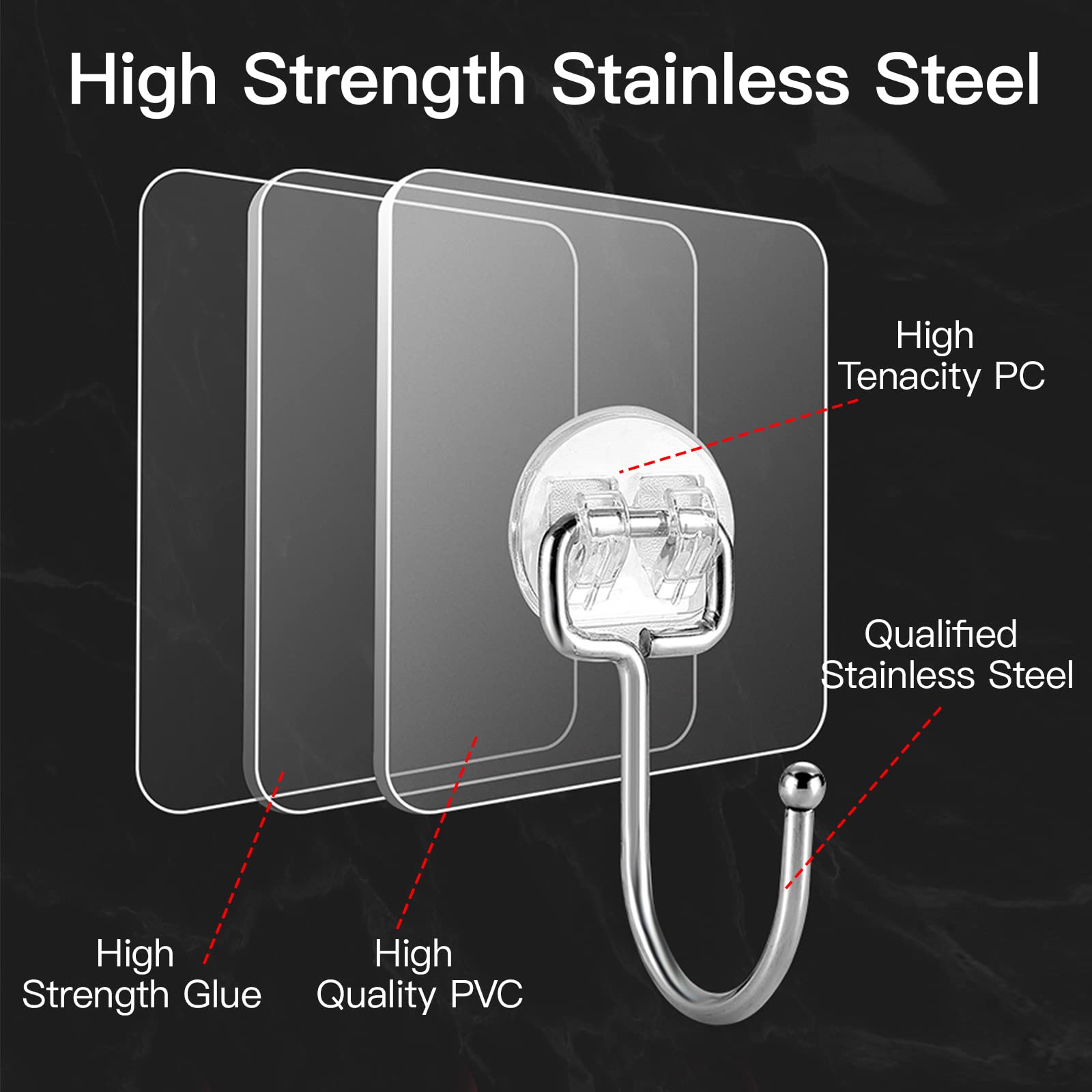 Strjobaili 20 Pack Large Adhesive Hooks for 44 lb(Max) Hanging Heavy Duty, Self Adhesive Sticky Hooks Waterproof Stainless Steel Wall Hooks for Home Bathroom Shower Kitchen Outdoor Utility Hooks