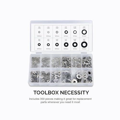 NEIKO 50400A Stainless Steel Lock and Flat Washer Assortment | 350 Piece Set | 12 Different Sizes in Spring Lock and Flat Design | Prevent Loose Fasteners