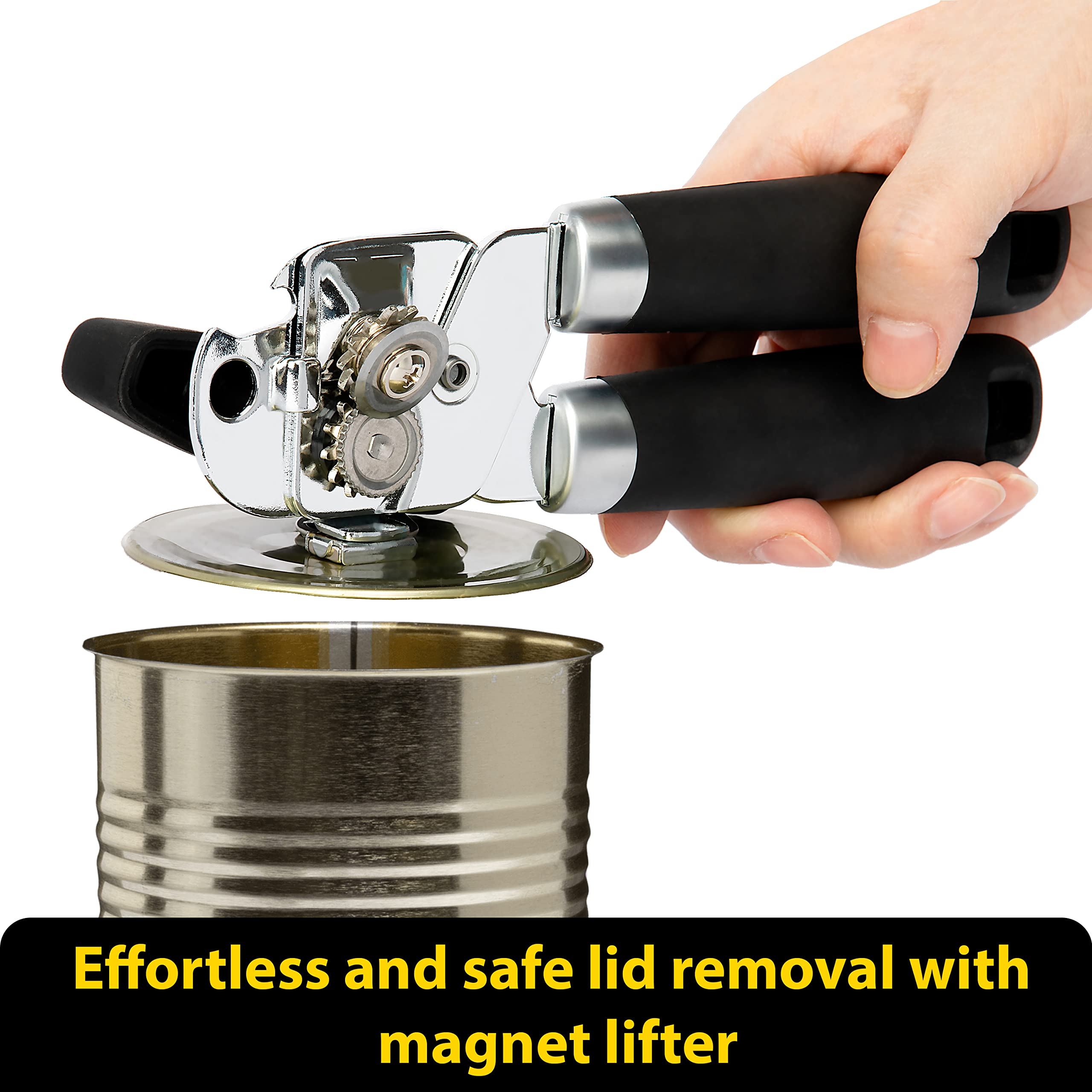 AHRAM Manual Can Opener, Sharp and smooth glide cutting wheel, With magnet lefter, Safe edge, Made with heavy duty materials, With additional glide cutting wheel as a spare part, With a bottle opener